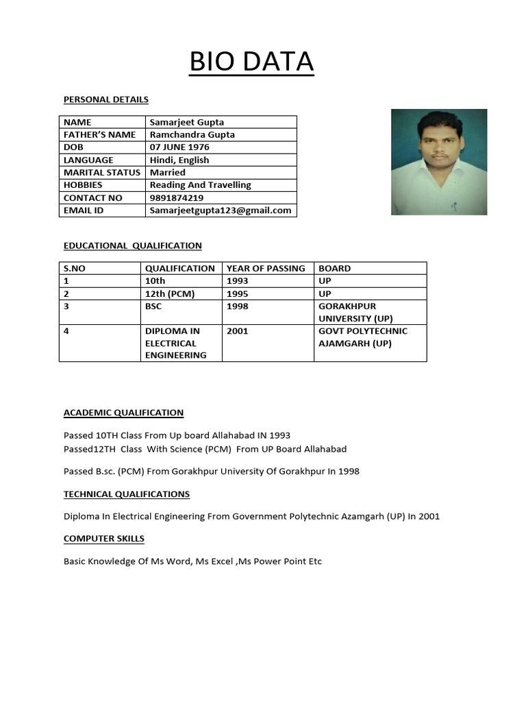 Samarjeet Gupta Bio Data | PDF | Engineering