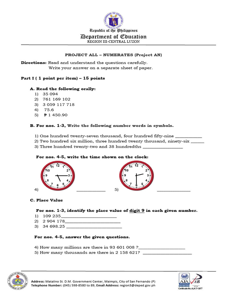 Project AN Grade 7 Assessment Tool Edited 1 | PDF | Arithmetic ...