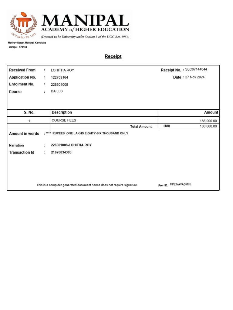 Student Receipt | PDF