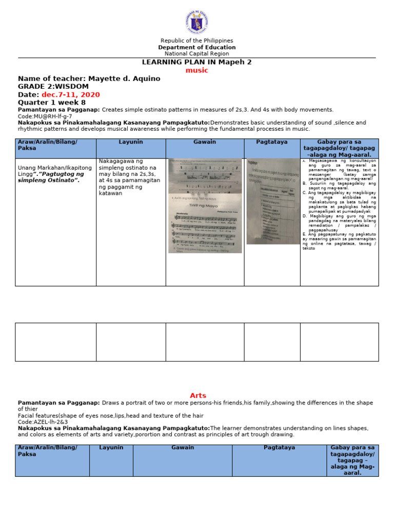 Learning Plan in Mapeh 2 Week 9 | PDF
