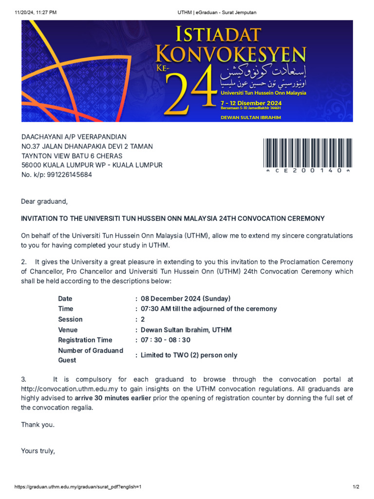 UTHM 24th Convocation Invitation | PDF