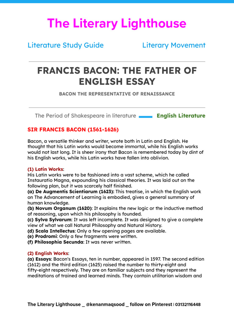 Francis Bacon As A Father of English Essaythe Study Guide Notes by The ...