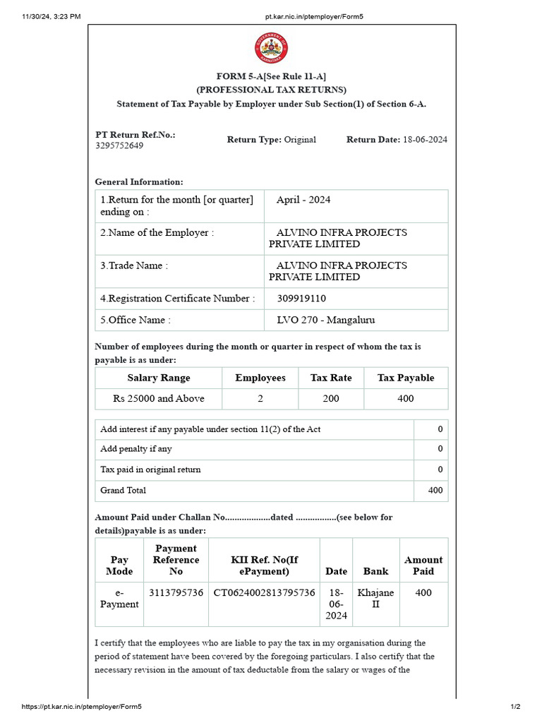 PT - Kar.nic - in Ptemployer Form5 | PDF | Salary | Taxes