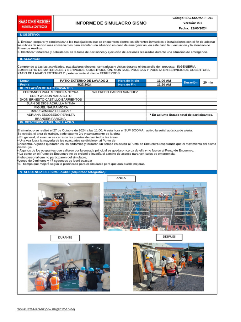 SSOMA-F-SSOMA-001 Informe de Simulacro - sismo | PDF | Simulación SSOMA-F-SSOMA-001 Informe de Simulacro - sismo | PDF | Simulación