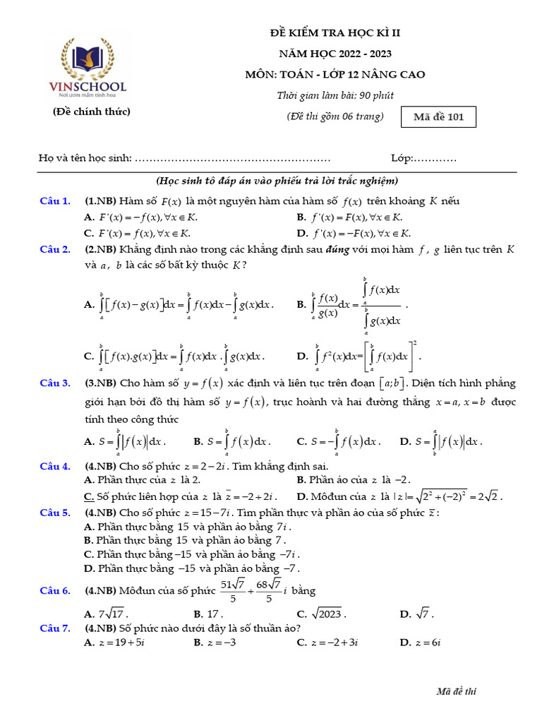 12 CHK2 NC 101 Đề-Thiiii | PDF