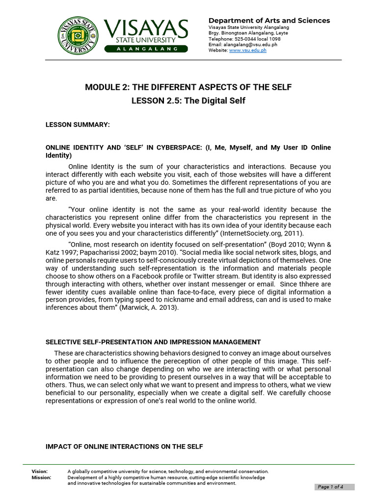 SCSC 11n Lesson 2.6 Summary The Digital Self | PDF | Self Esteem | Social Media