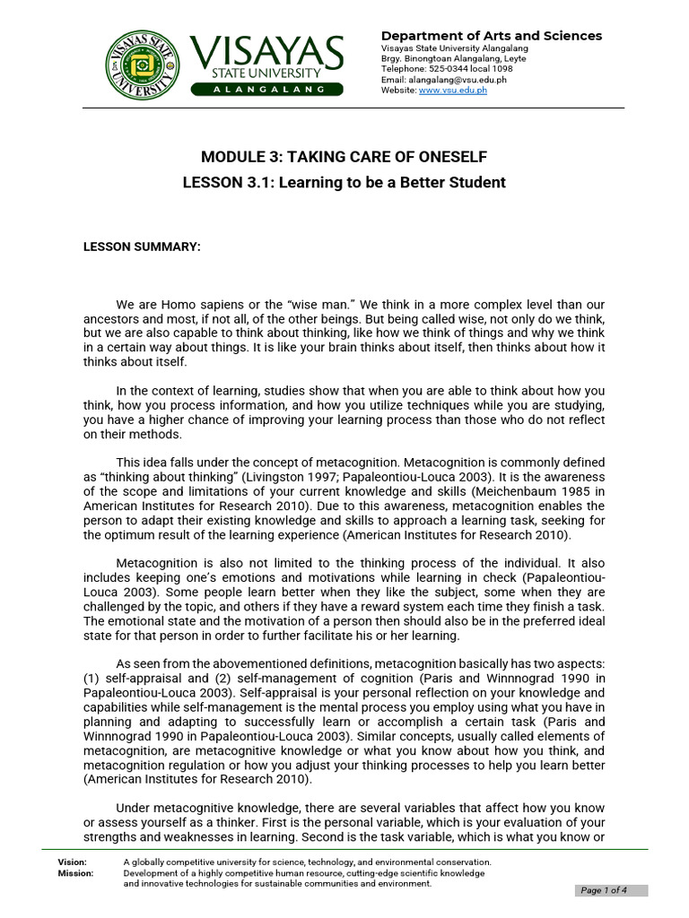 SCSC 11n Lesson 3.1 Summary Learning To Be A Better Student | PDF ...