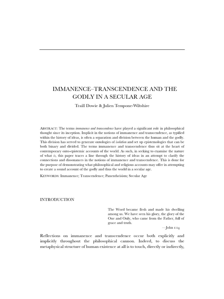 INMANENCIA y TRASCENDENCIA Artículo Sobre Inmanencia y Trascendencia en ...