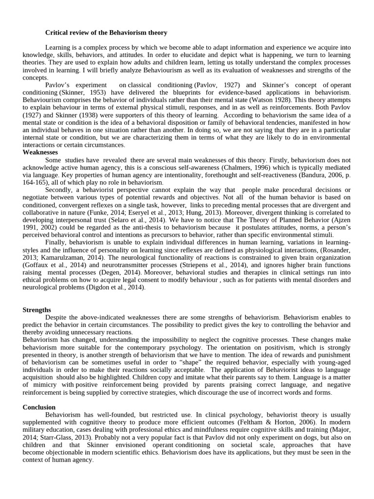 Behaviorism: Strengths and Weaknesses | PDF | Behaviorism | Language ...