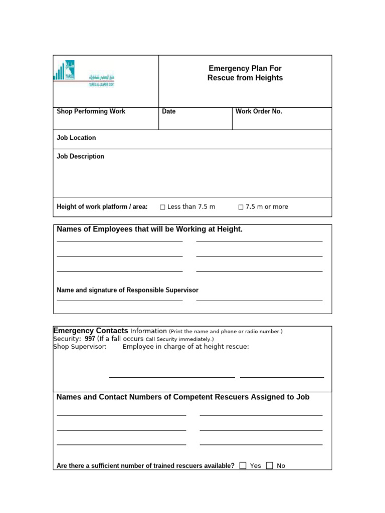 Emergency Plan For Rescue From Heights1 | PDF | Personal Protective ...