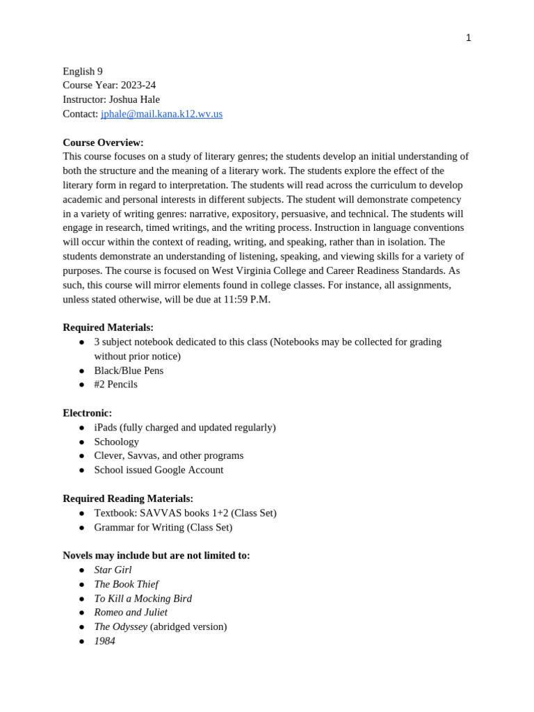 9th Grade Syllabus 23-24 | PDF | Parent | Human Communication