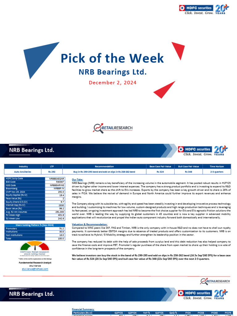 HDFC Securities Sees 17% UPSIDE in NRB Bearings | PDF | Stocks | Dividend