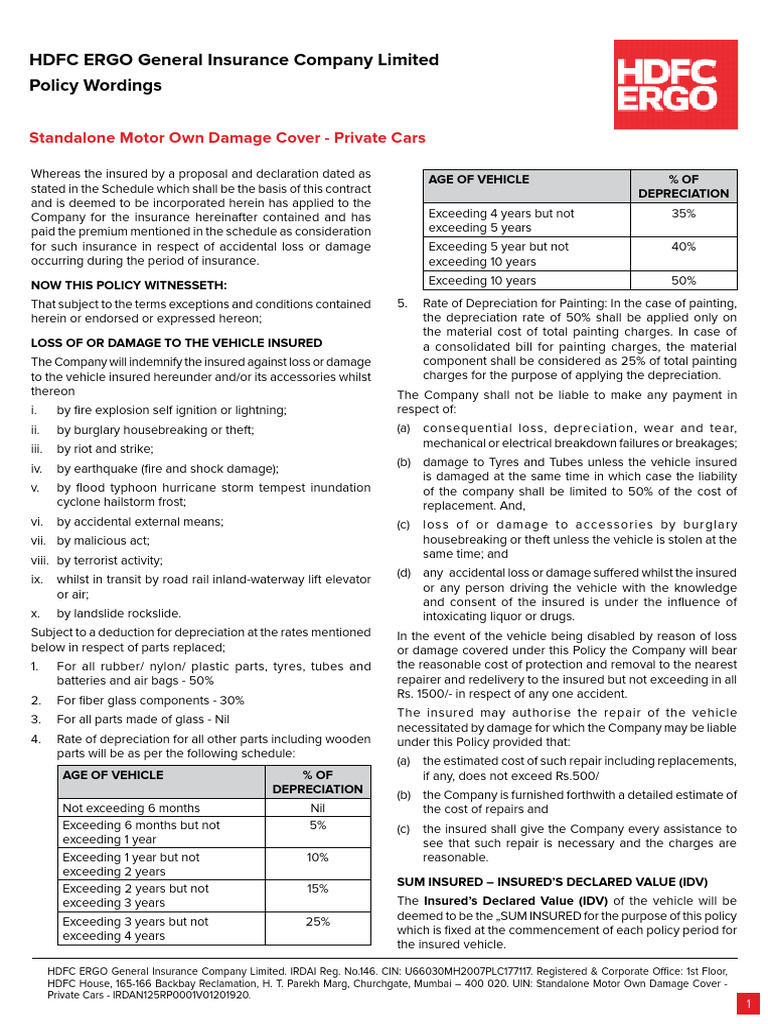 Standalone Motor Own Damage Cover Private Cars | PDF | Insurance ...