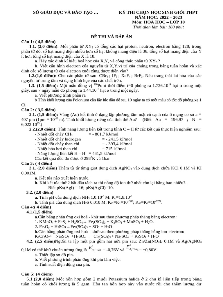 2022-2023 HSG Hóa 10 - Không Tên Số 1 - Đề + HDC | PDF