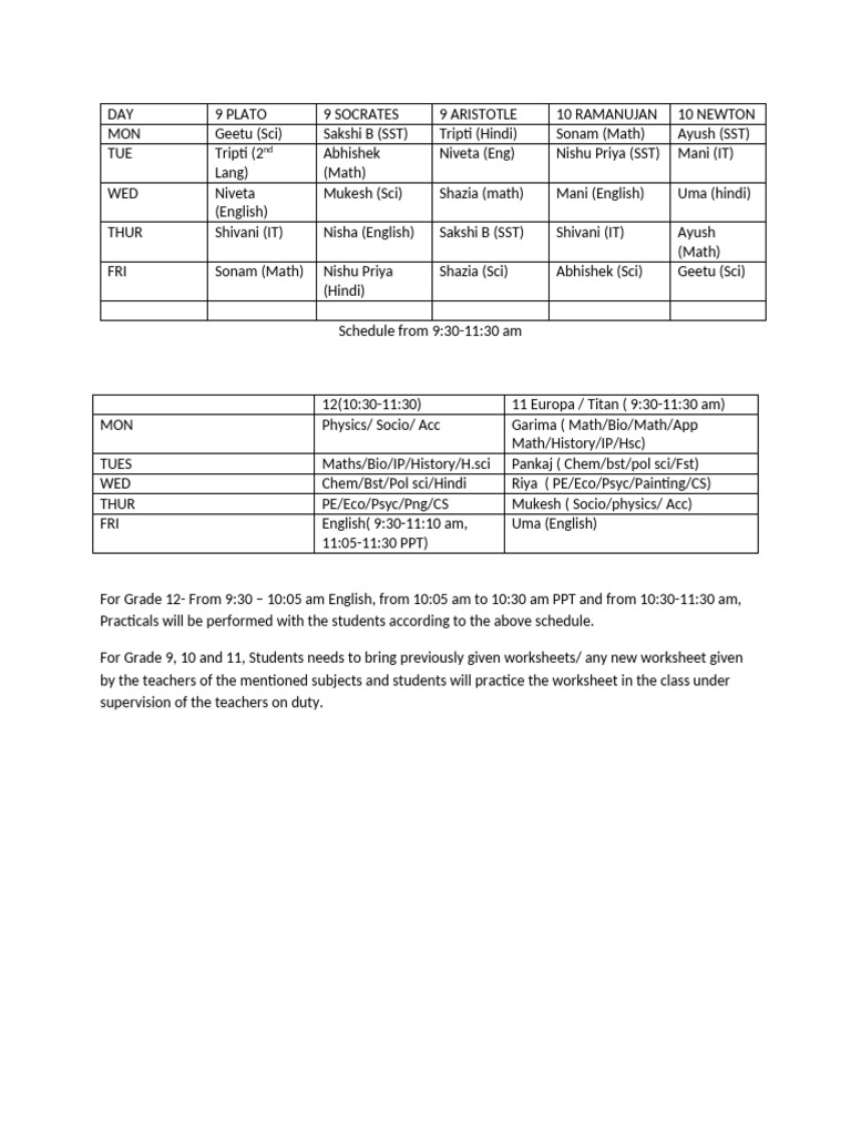 Weekly Class Schedule for Grades 9-12 | PDF