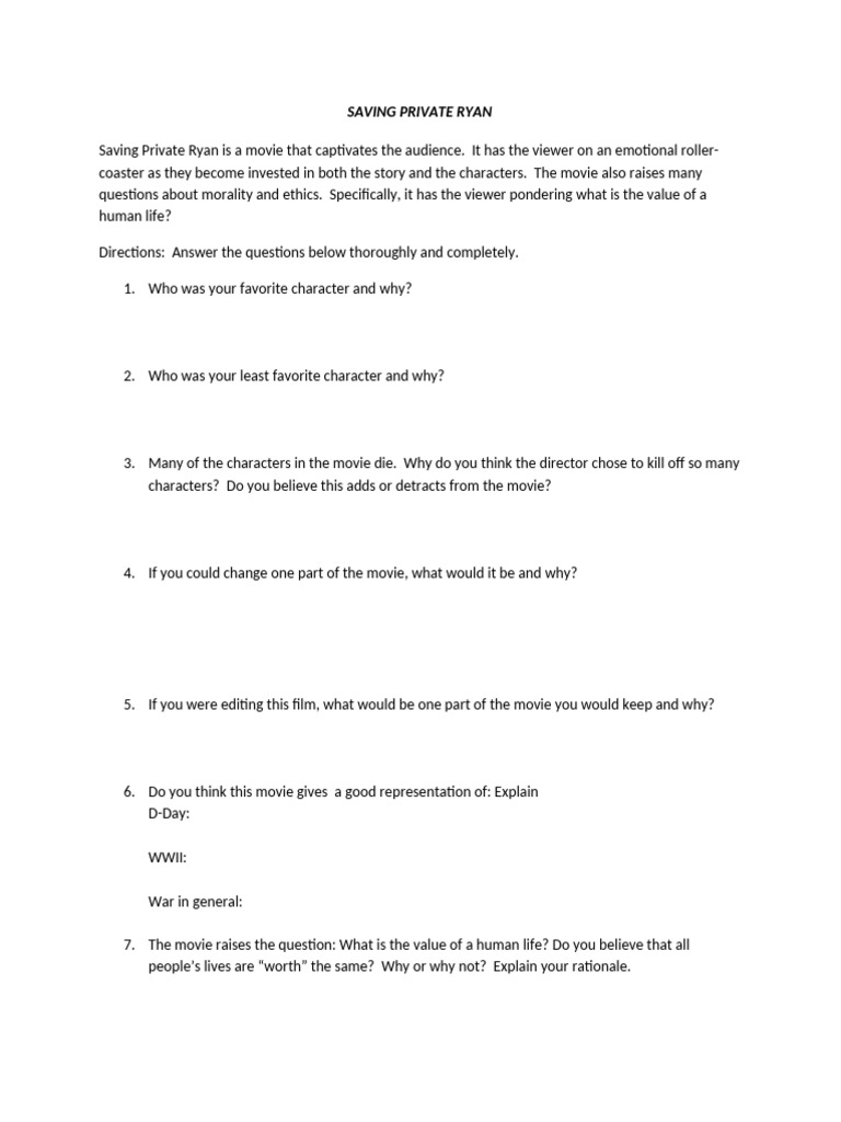Saving Private Ryan Worksheet | PDF