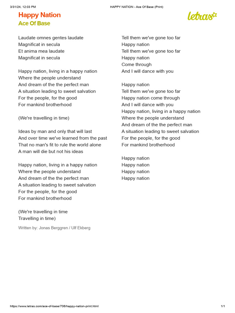 HAPPY NATION - Ace Of Base (Print) | PDF