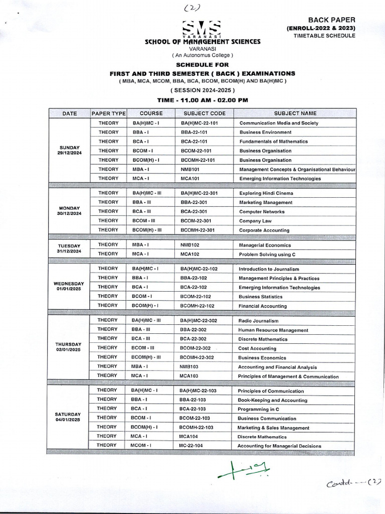 Odd Semester (BACK) Examination Schedule (1& 3 Semester) | PDF