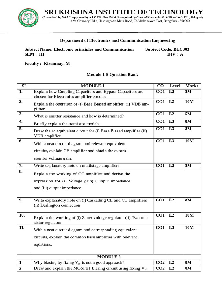 EPC Question Bank | PDF | Amplifier | Electronic Oscillator