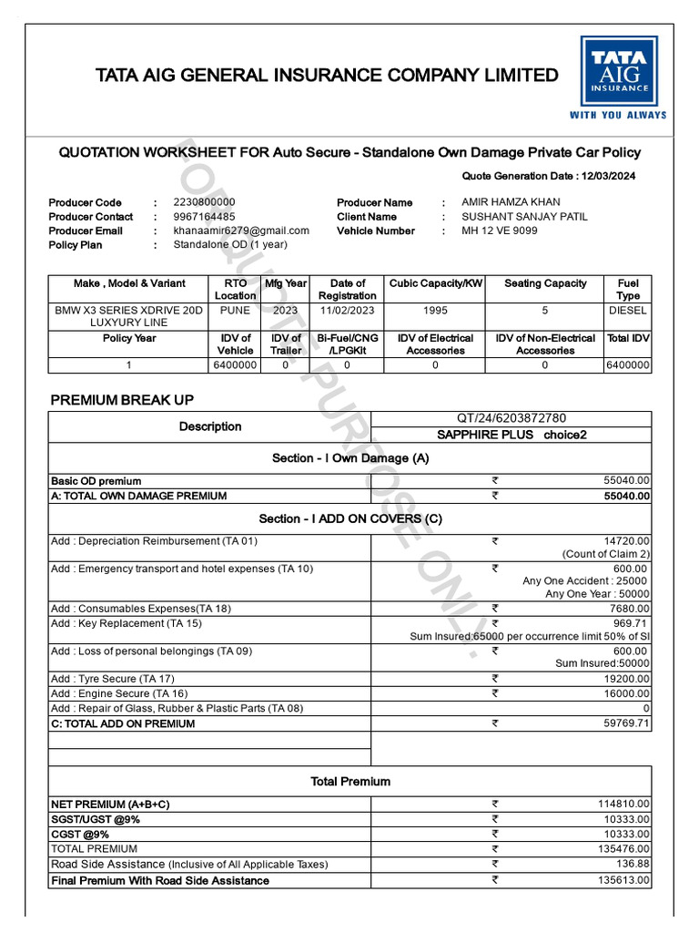 Tata AIG Motor Premium Quote - 3184 - QT - 24 - 6203872780 | PDF ...