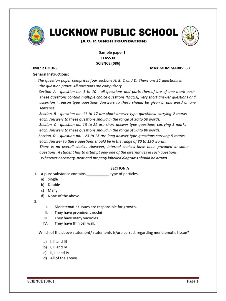 Class IX Science Sample Paper (086) | PDF | Newton's Laws Of Motion | Force