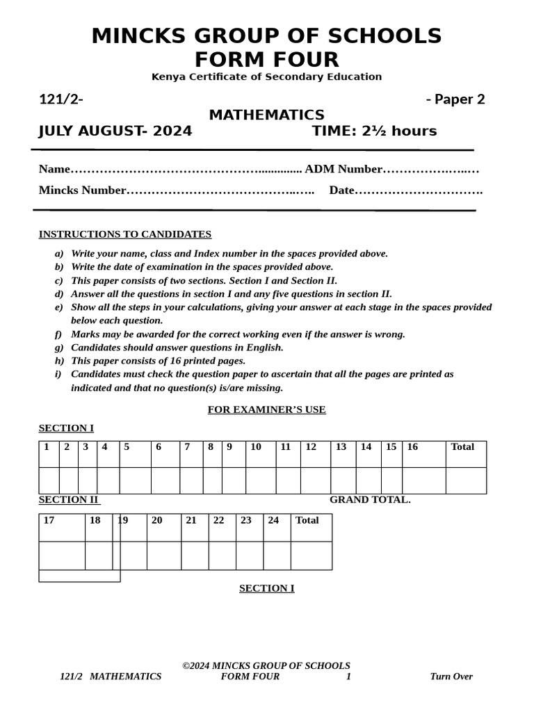 Form 4 Maths Paper 2 End Term 2 2024 | PDF | Quadratic Equation ...