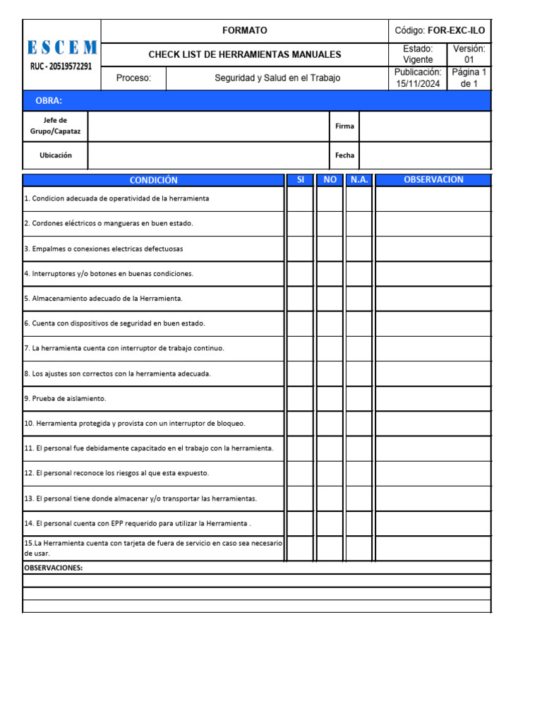 CHECK LIST DE HERRAMIENTAS MANUALES | PDF
