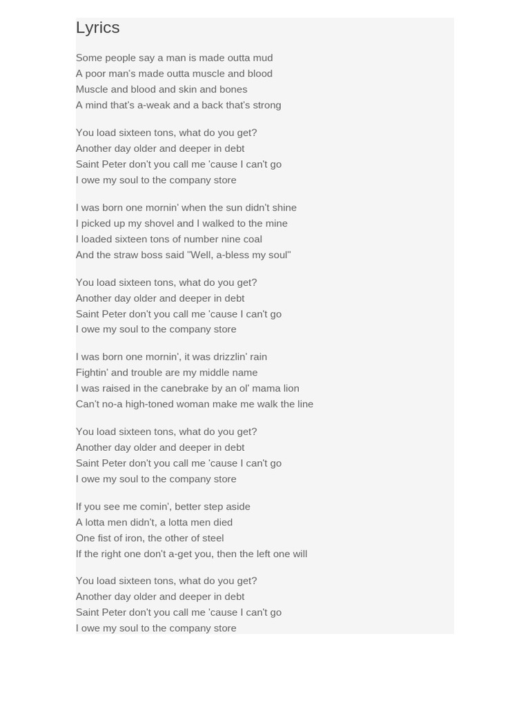 Letra Sixteen Tons | PDF