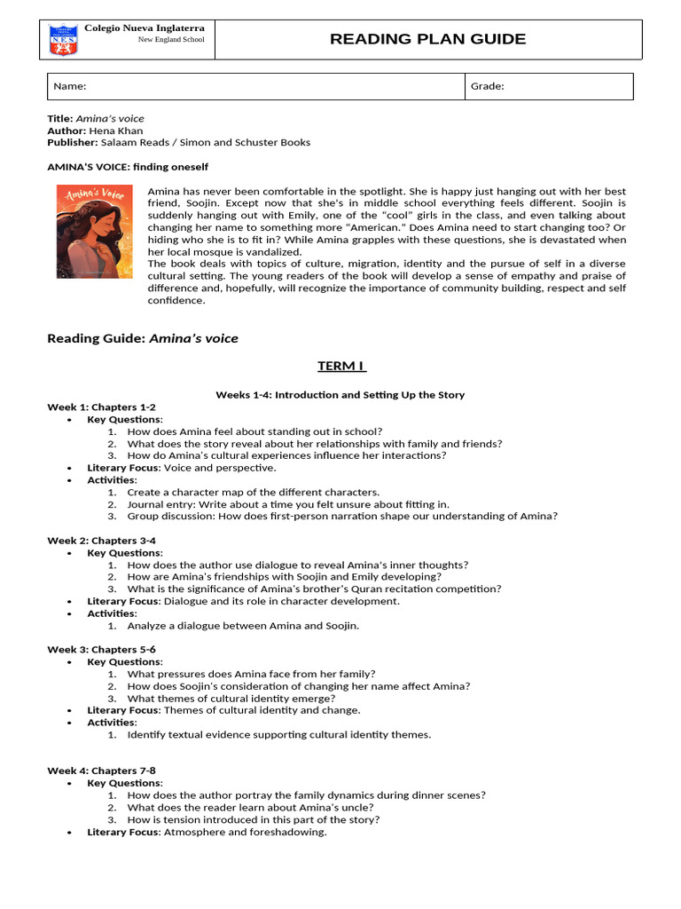 6th Reading Plan Amina's Voice Term I | PDF | Essays | Identity (Social ...