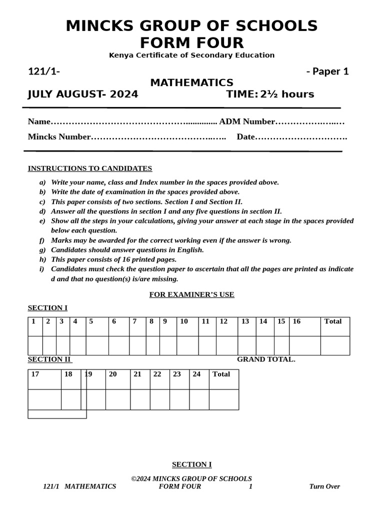 Form 4 Maths Paper 1 End Term 2 2024 | PDF | Mathematics