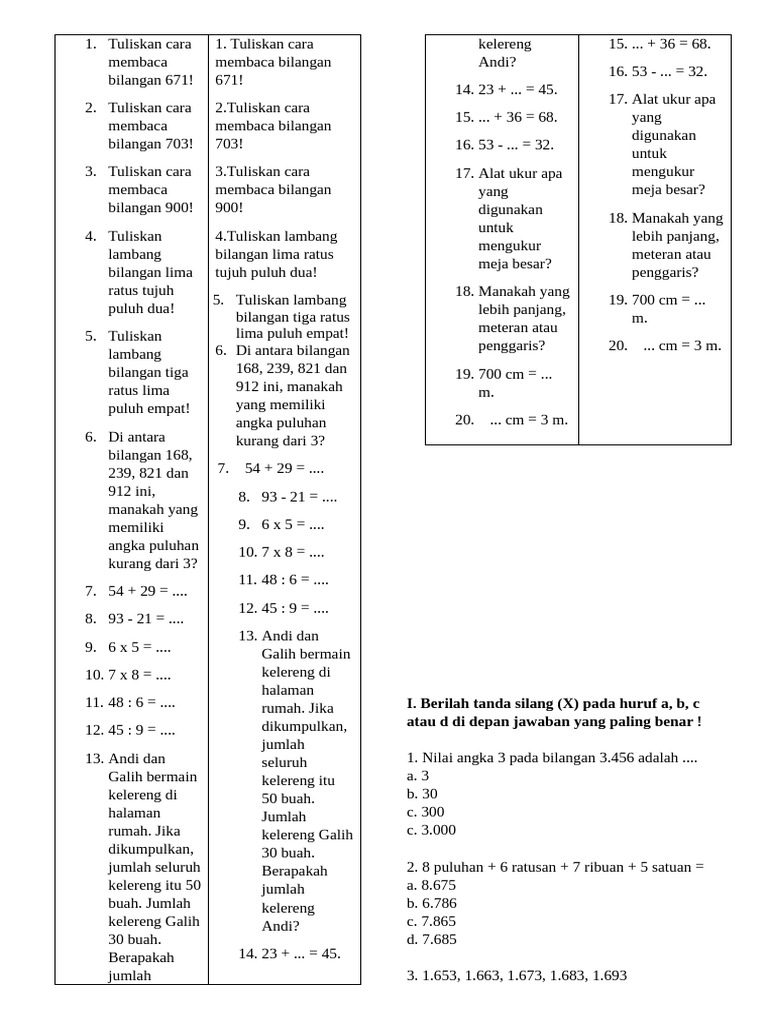Tuliskan cara membaca bilangan 671 | PDF