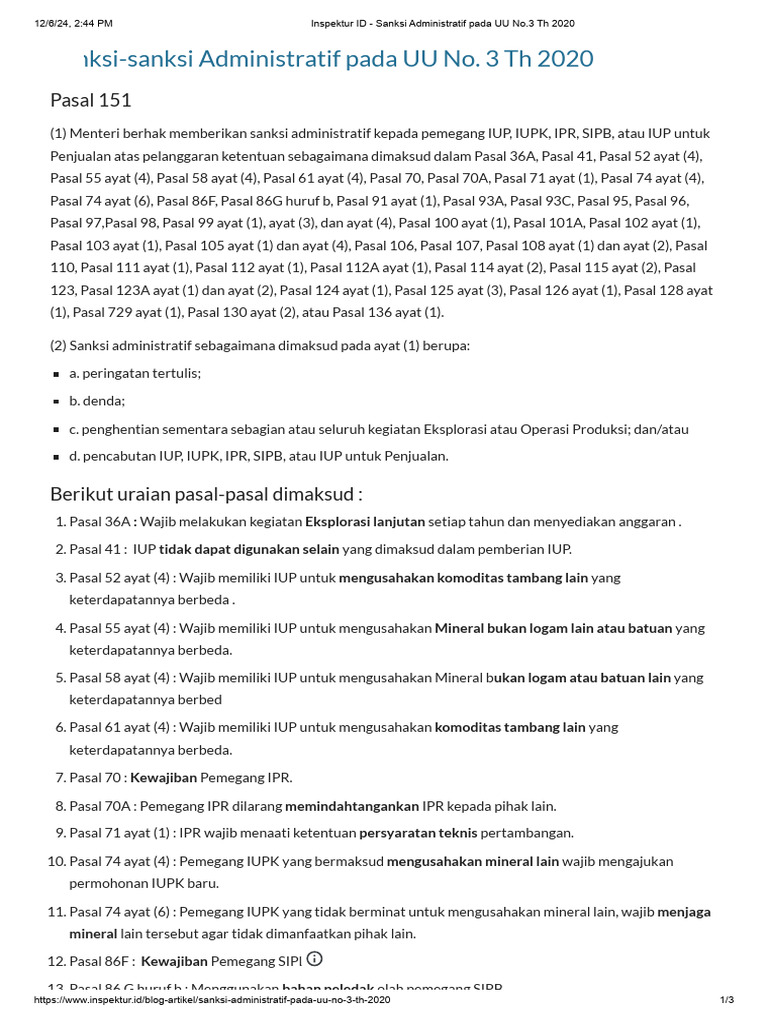 Sanksi Administratif UU No. 3/2020 | PDF