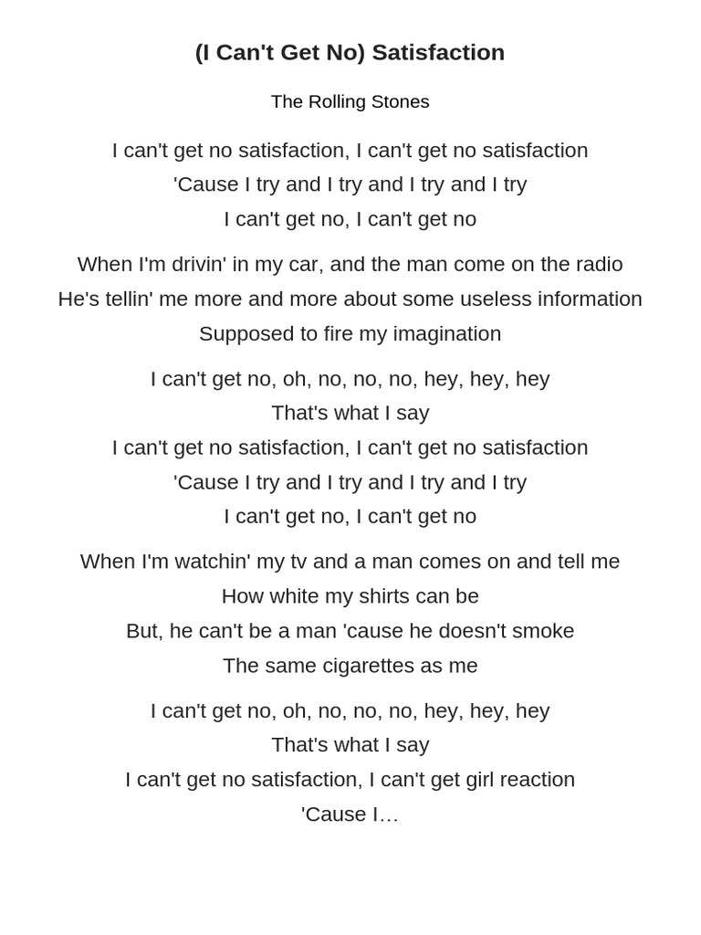 Satisfaction Lyrics by The Rolling Stones | PDF