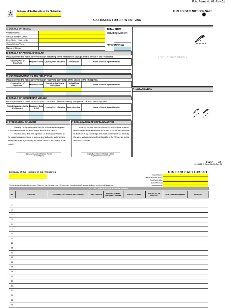 FA Form No 61 Visa Crewlist Form | PDF
