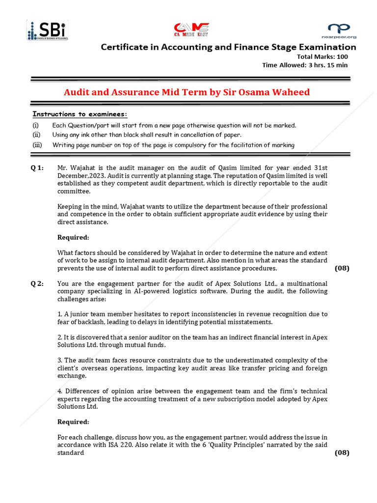 Audit Mid Term QP Final by Ow | PDF | Audit | Auditor's Report