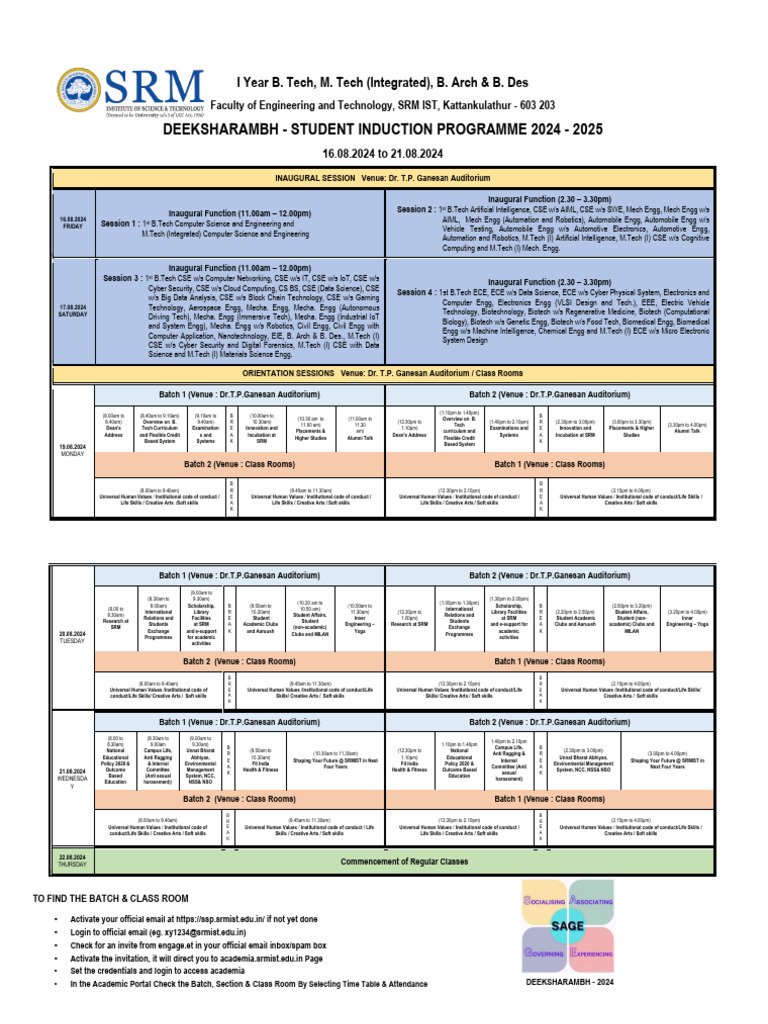 1st B. Tech 2024 2025 Induction Program Schedule Bach Details | PDF | Biotechnology | Computing