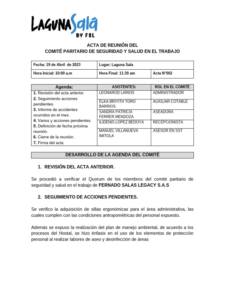 Acta de Reunión Del COPASST ABRIL | PDF