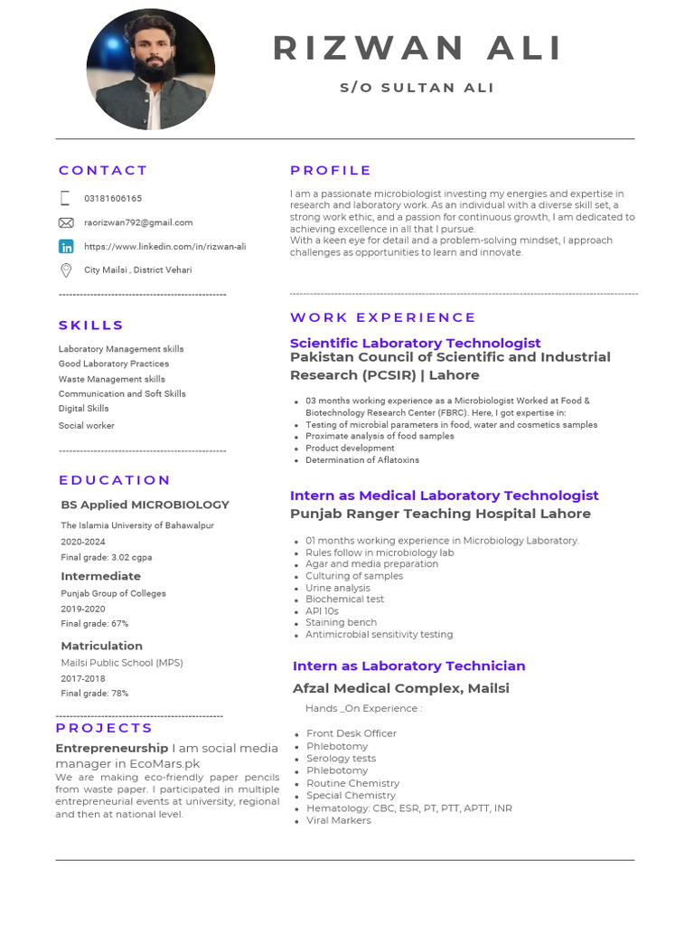 Rizwan ALI Microbiologist Resume | PDF | Microbiology