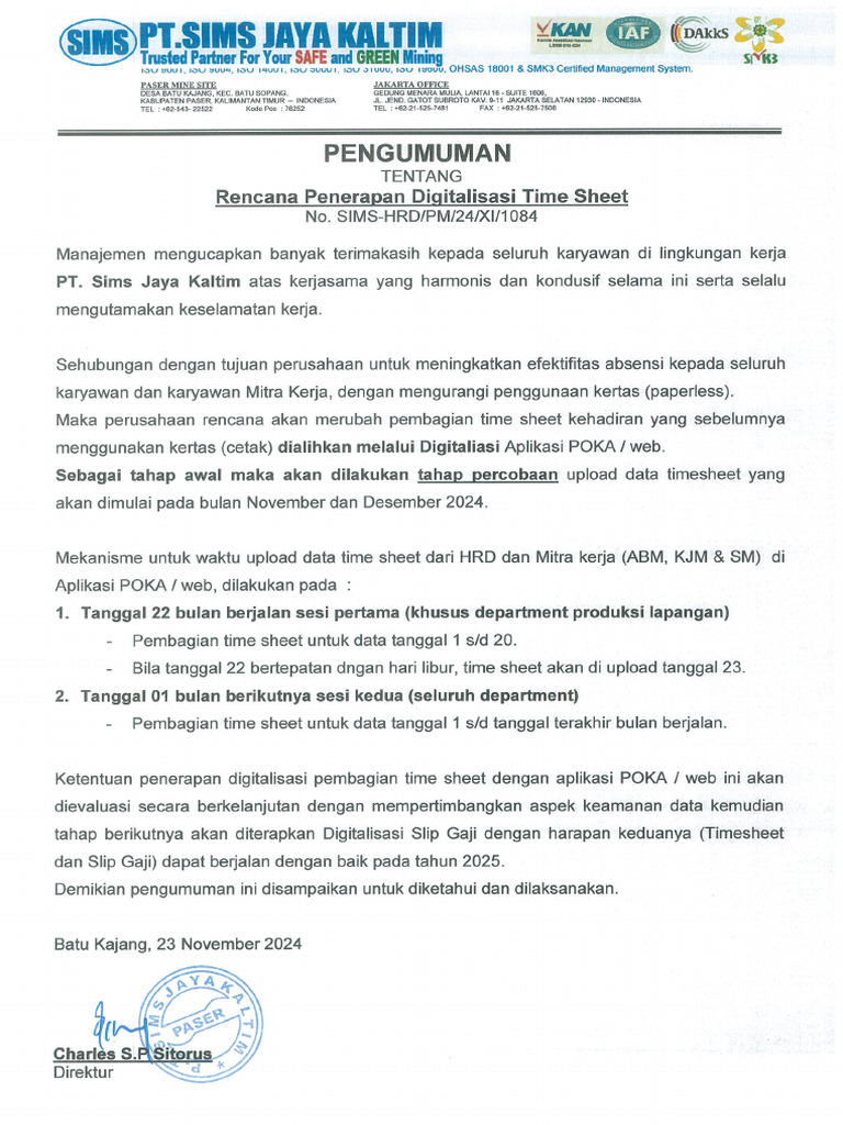 (241121) Penerapan Digitalisasi Time Sheet r1 | PDF