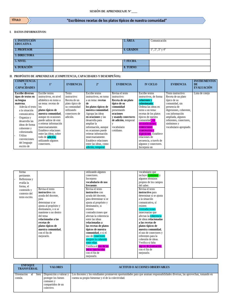 Sesión de Aprendizaje para Aula Multigrado | PDF | Aprendizaje | Léxico
