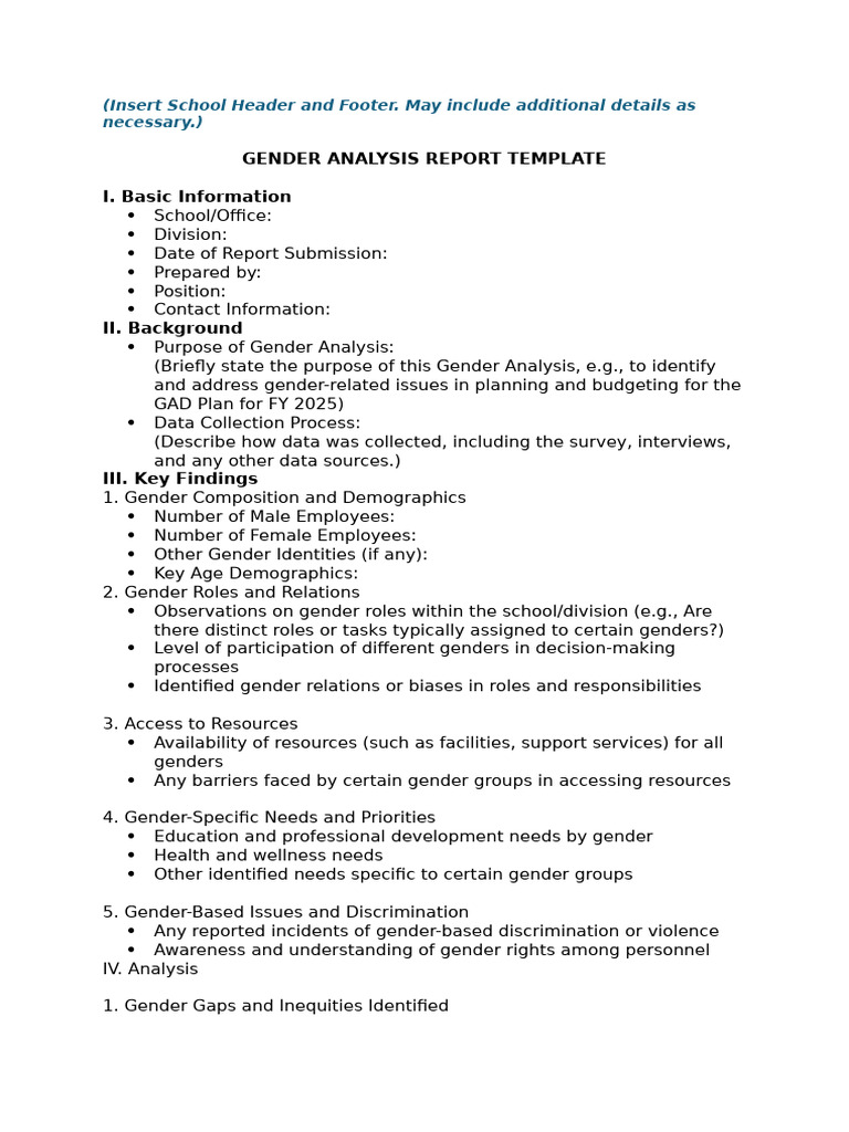 School Gender Analysis Report Template | PDF | Gender Studies | Gender
