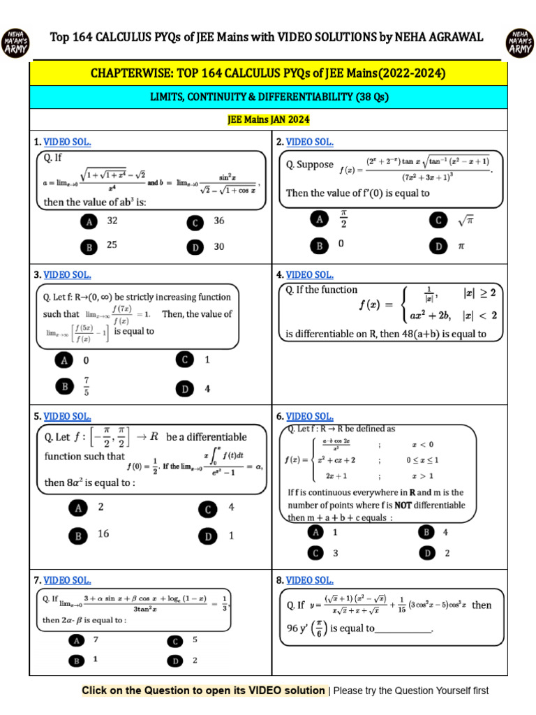 Top 164 Calculus Pyqs of Jee Mains (2022-2024) Chapterwise | PDF | Analysis | Calculus