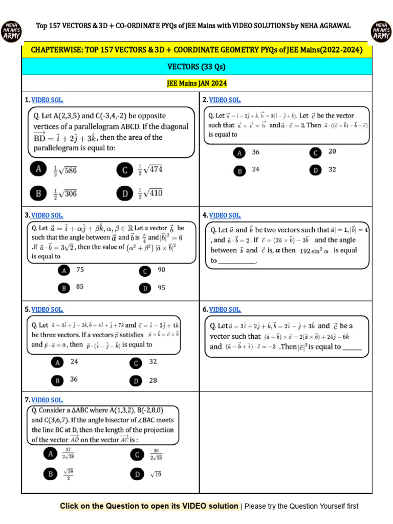 JEE Mains Vectors & 3D PYQs Solutions | PDF | Geometry | Classical Geometry