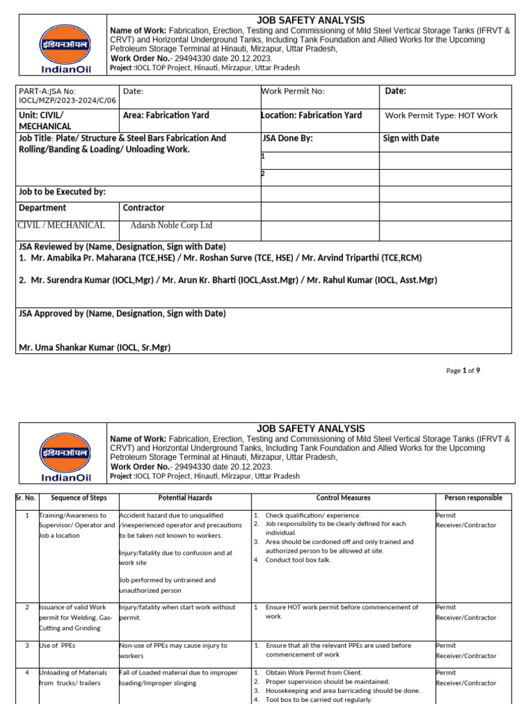 JSA 06 Welding, Gas Cutting, Grinding & Lifting and Shifting | PDF | Crane (Machine) | Welding