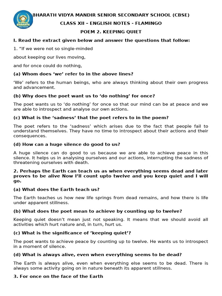 Keeping Quiet: Class 12 Poem Analysis | PDF