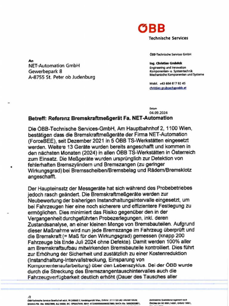 ÖBB Referenzschreiben German Original | PDF