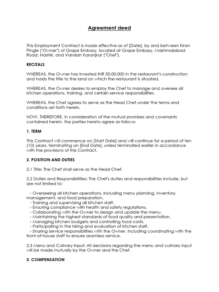 agreement draft_R1 | PDF | Chef | Payroll