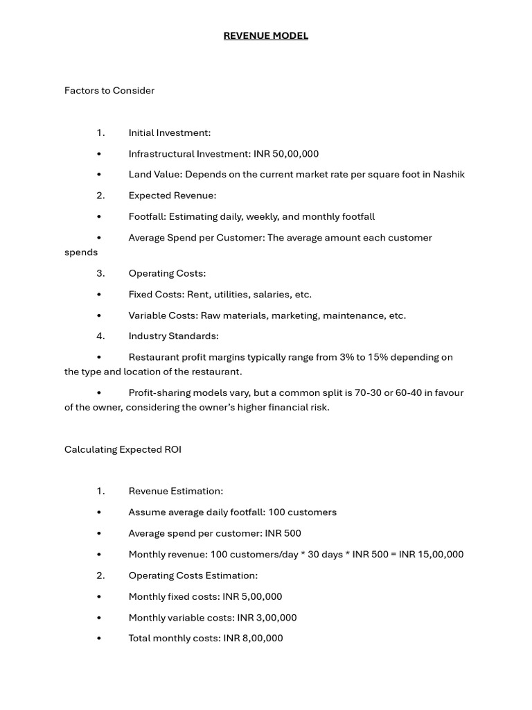 Restaurant Revenue Model and ROI Analysis | PDF