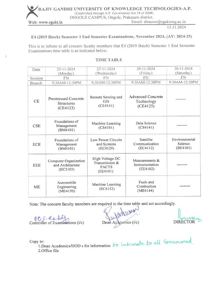 E4 (2019 Batch) End Semester-1 Time Table For Faculty, Nov 2024 | PDF