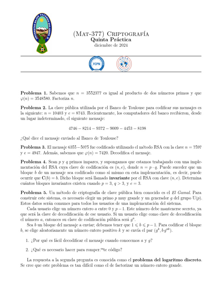 Practica 5 Criptografia | PDF | Clave (criptografía) | Número primo